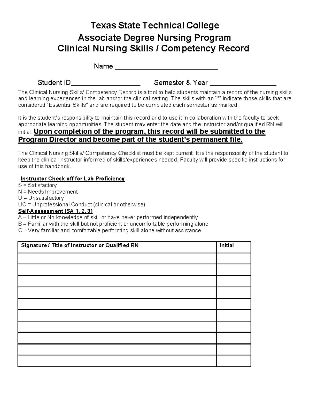 Texas State Technical College ADN Program Clinical Skills Checklist ...