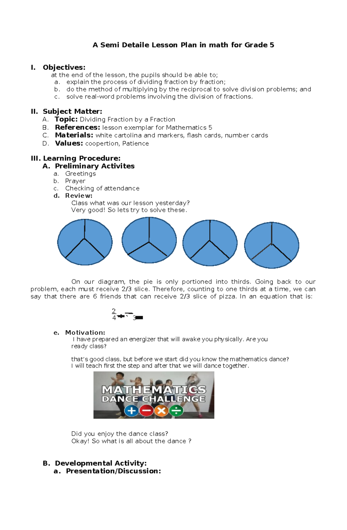 A Detailed Lesson Plan for Grade 5 Math: Dividing Fractions - Studocu