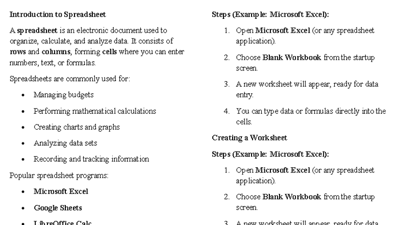 Introduction to Spreadsheet - It consists of rows and columns, forming ...