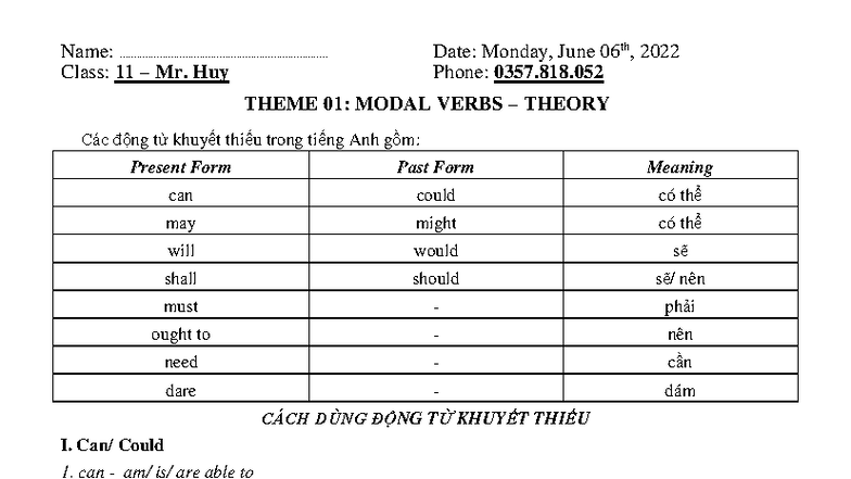 Modal Verbs Theory - Class 11 Notes - Studocu