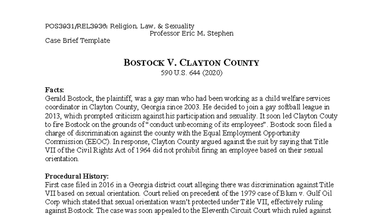 BOSTOCK V. CLAYTON COUNTY Case Brief Template - Religion, Law ...