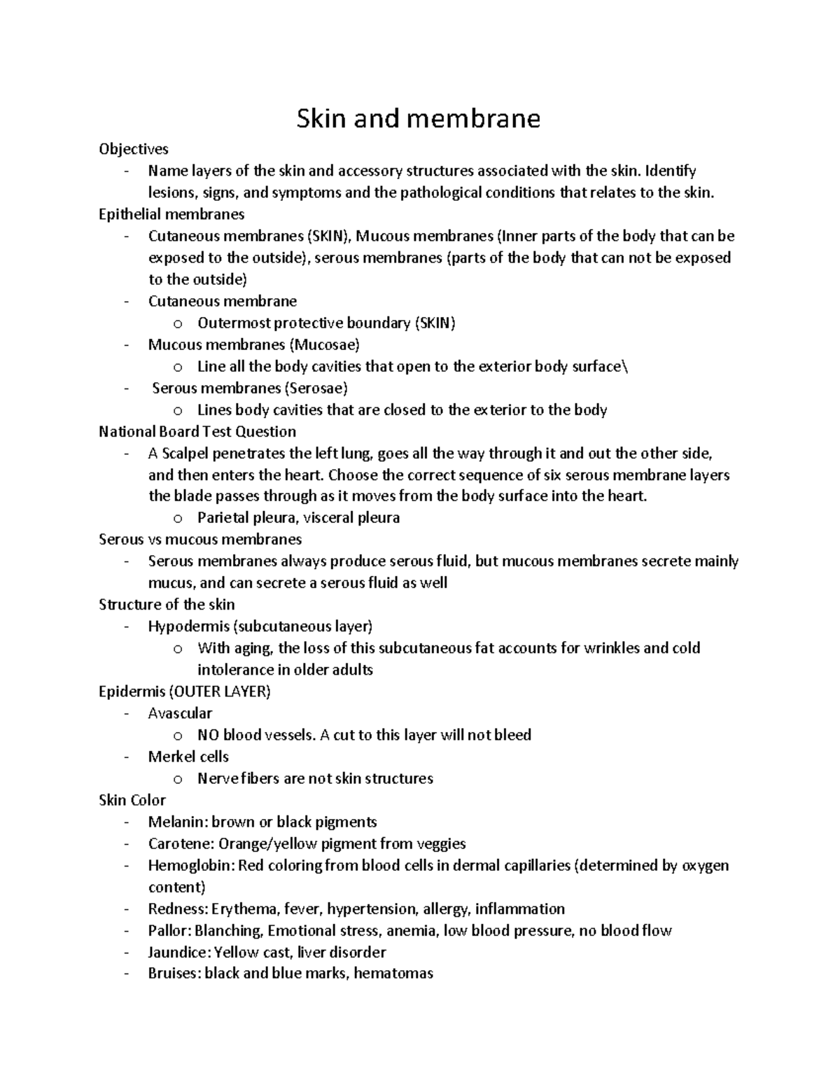 Skin and Membrane Overview - Notes for SL101 Class - Studocu