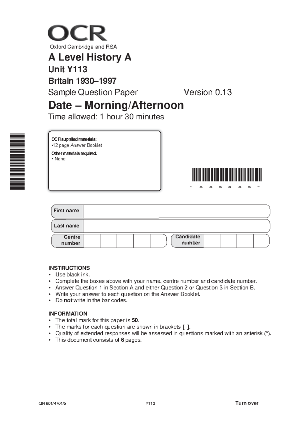 A Level History Y113 Sample Question Paper: Britain 1930-1997 - Studocu