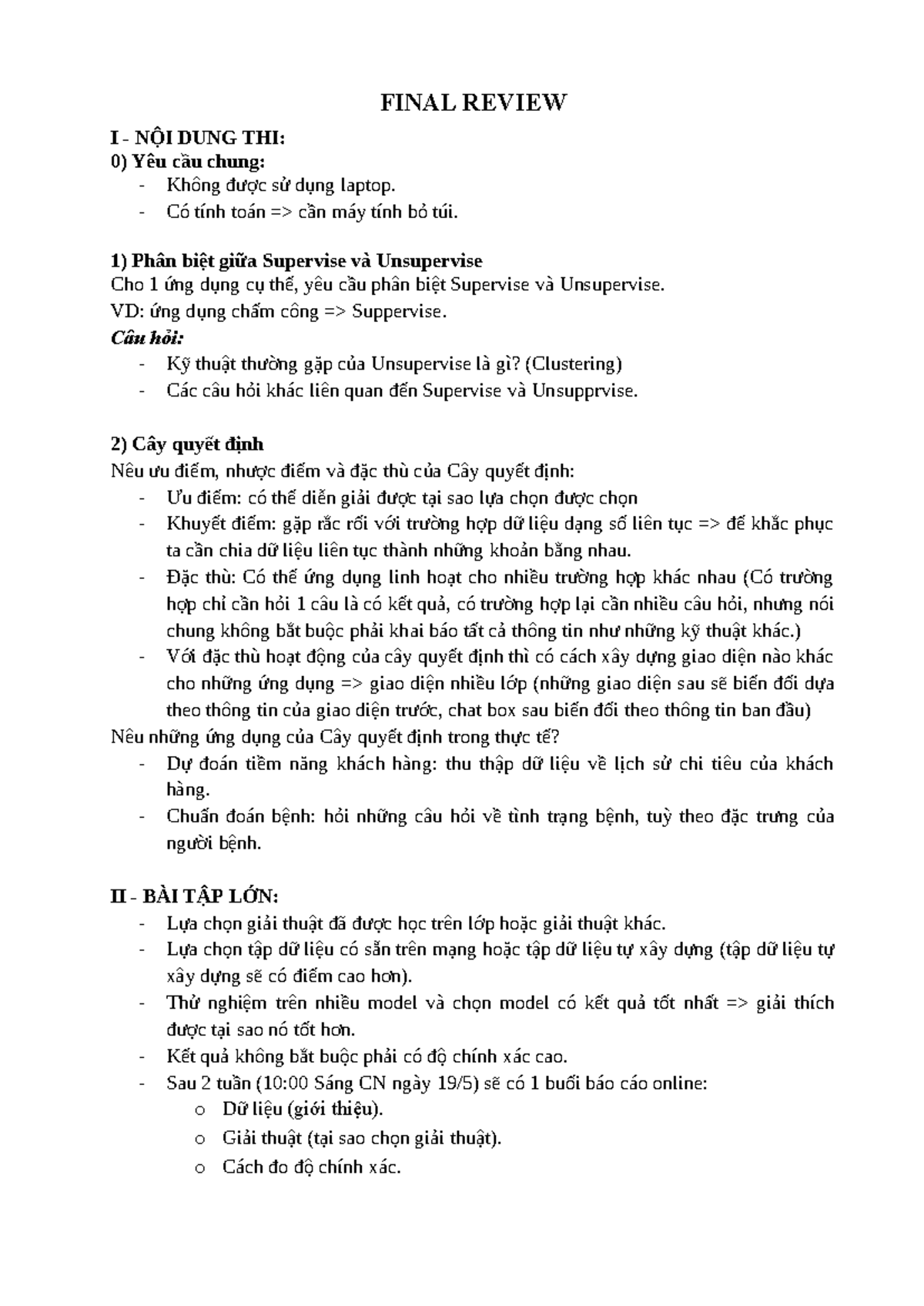 AI Day 10 Final review - 1234 - FINAL REVIEW I - NỘI DUNG THI: Yêu cầu ...