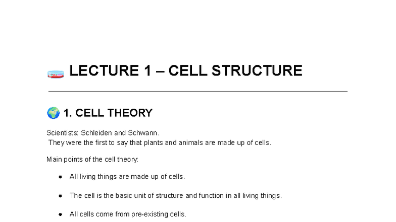LECTURE 1 CELL STRUCTURE & CELL THEORY - NOTES - Studocu
