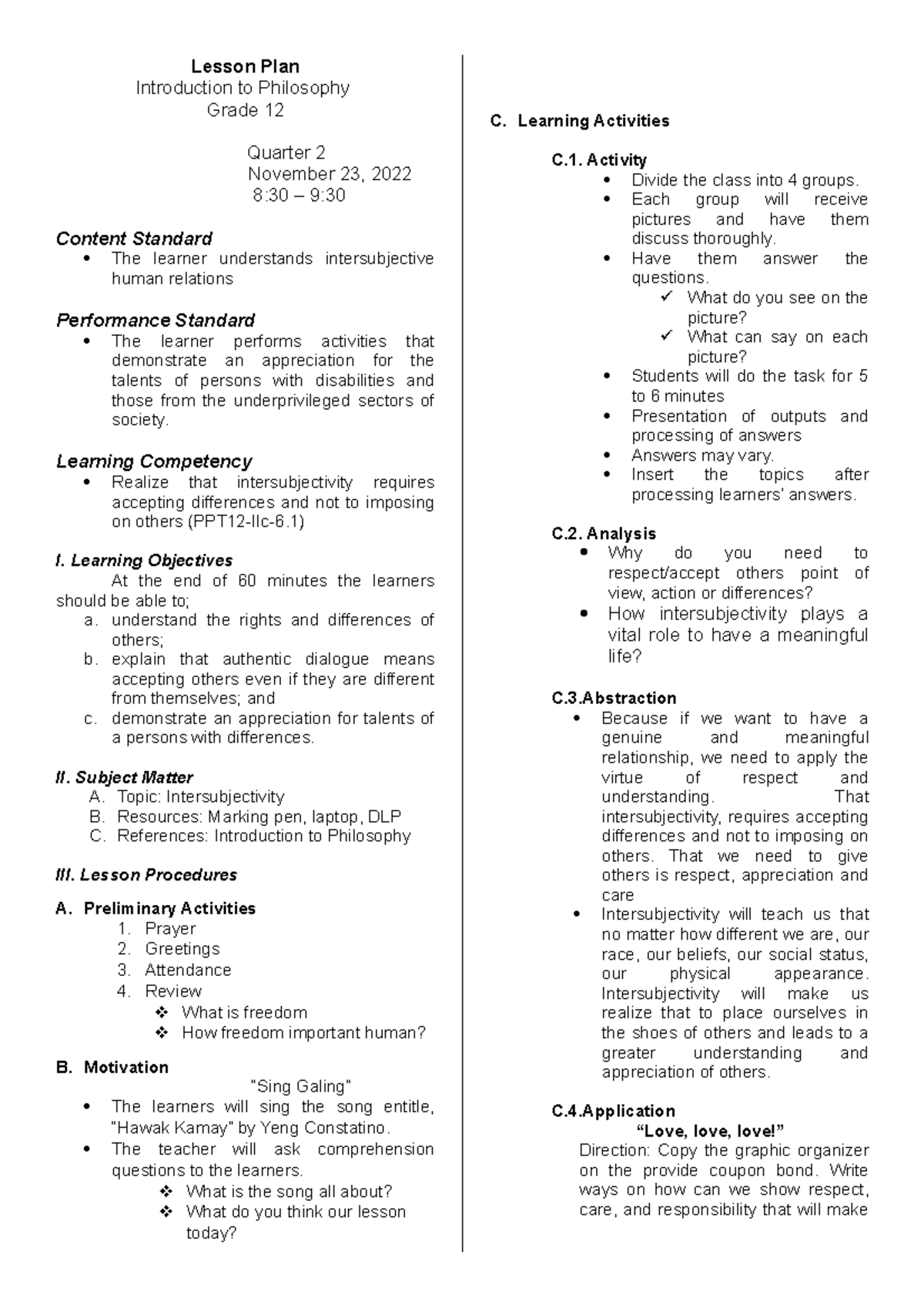 Intersubjectivity Lesson Plan - Lesson Plan Introduction to Philosophy ...