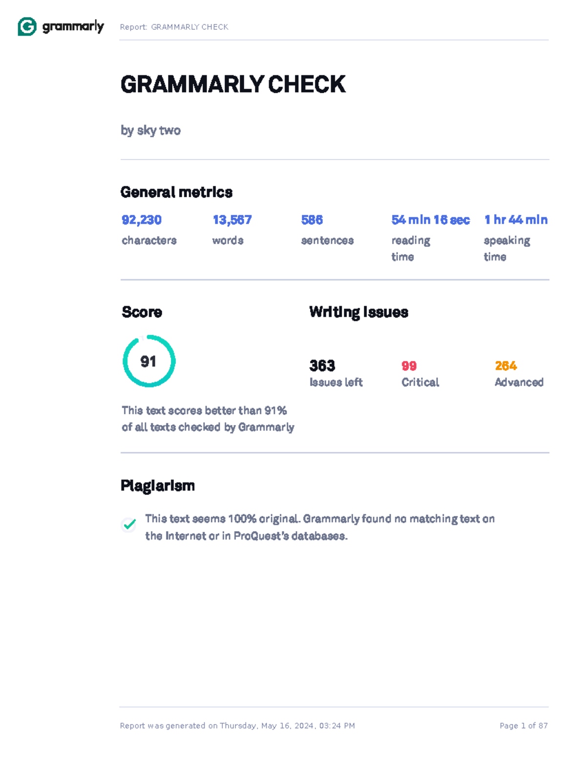 Report - GRAMMARLY CHECK by sky two General metrics 92,230 13,567 586 ...
