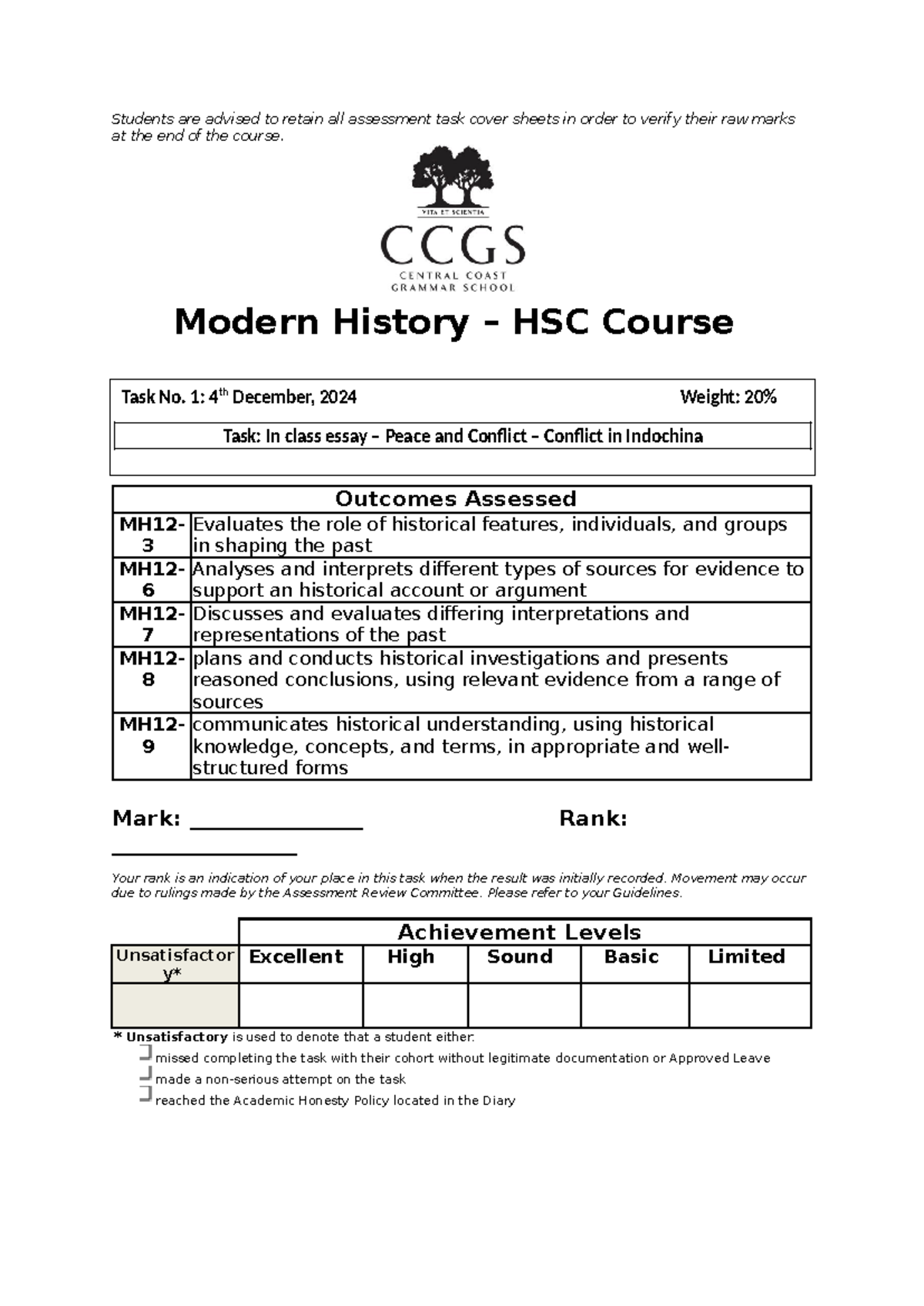 HSC MODERN HISTORY TASK 1: Essay on Indochina Conflict 1954-1979 - Studocu