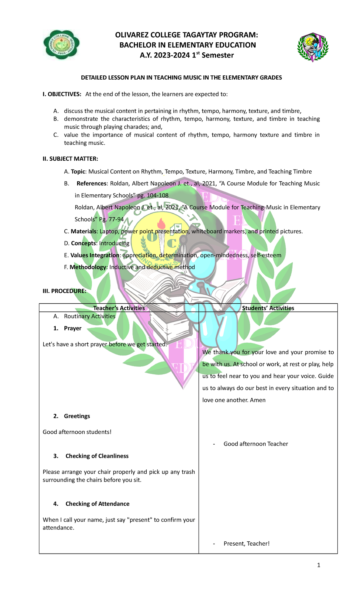 Detailed Lesson Plan for Teaching Music in Elementary Ed (EDUC 101 ...