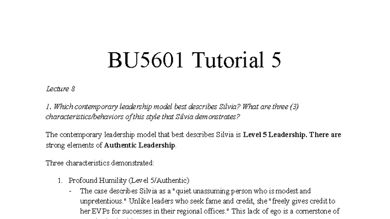 BU5601 Tutorial 5: Leadership Models and Followership Insights - Studocu