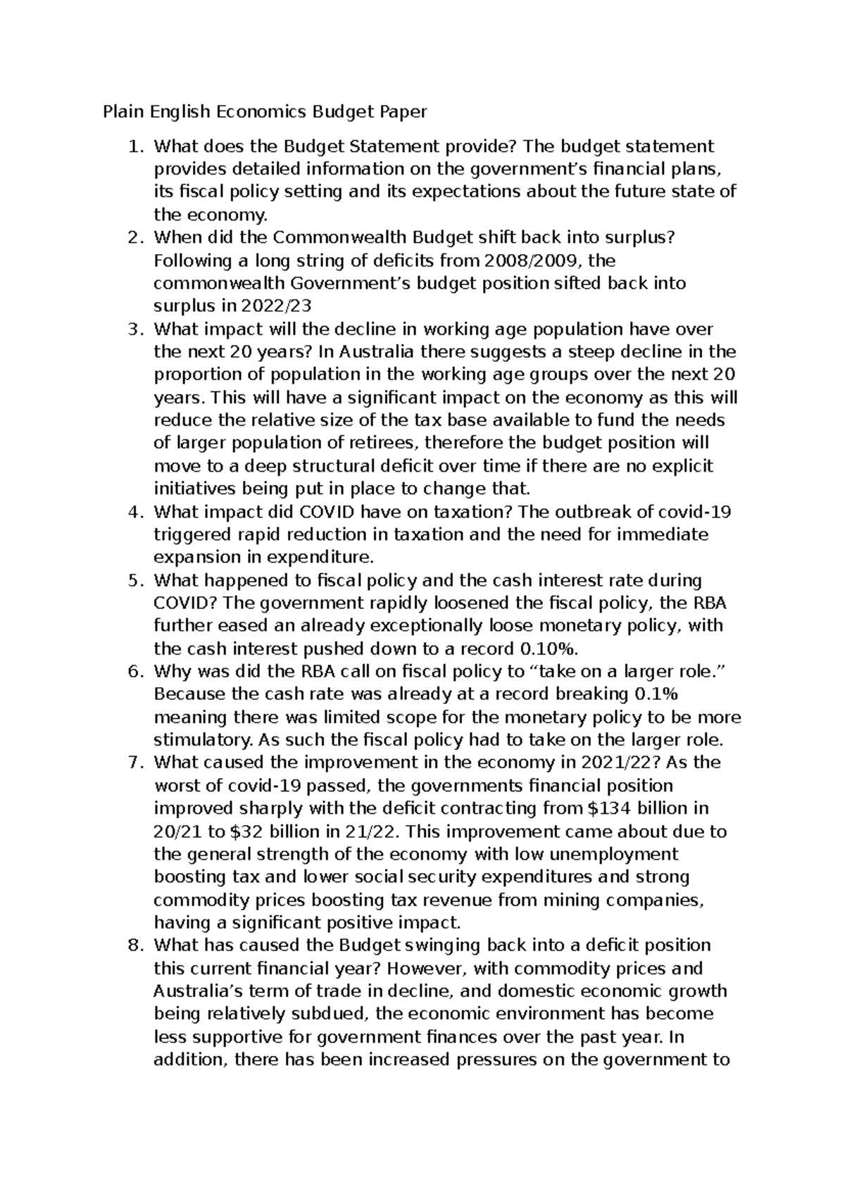 Plain English Economics Budget Paper 1: Key Insights and Impacts - Studocu