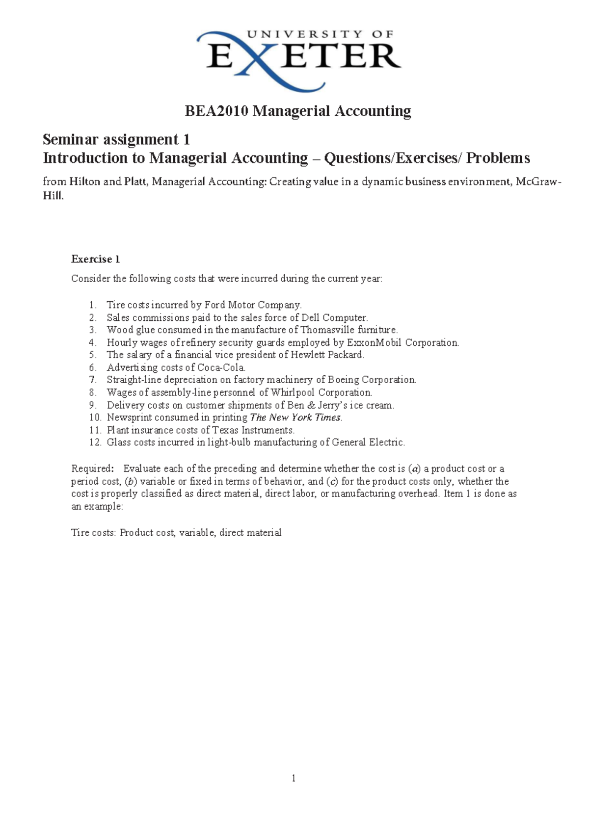 BEA2010 Managerial Accounting 1: Cost Classification Seminar Questions ...