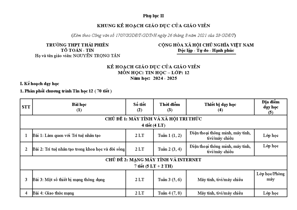 KHGD TIN HỌC 12: KẾ HOẠCH GIÁO DỤC NĂM HỌC 2024-2025 - Studocu