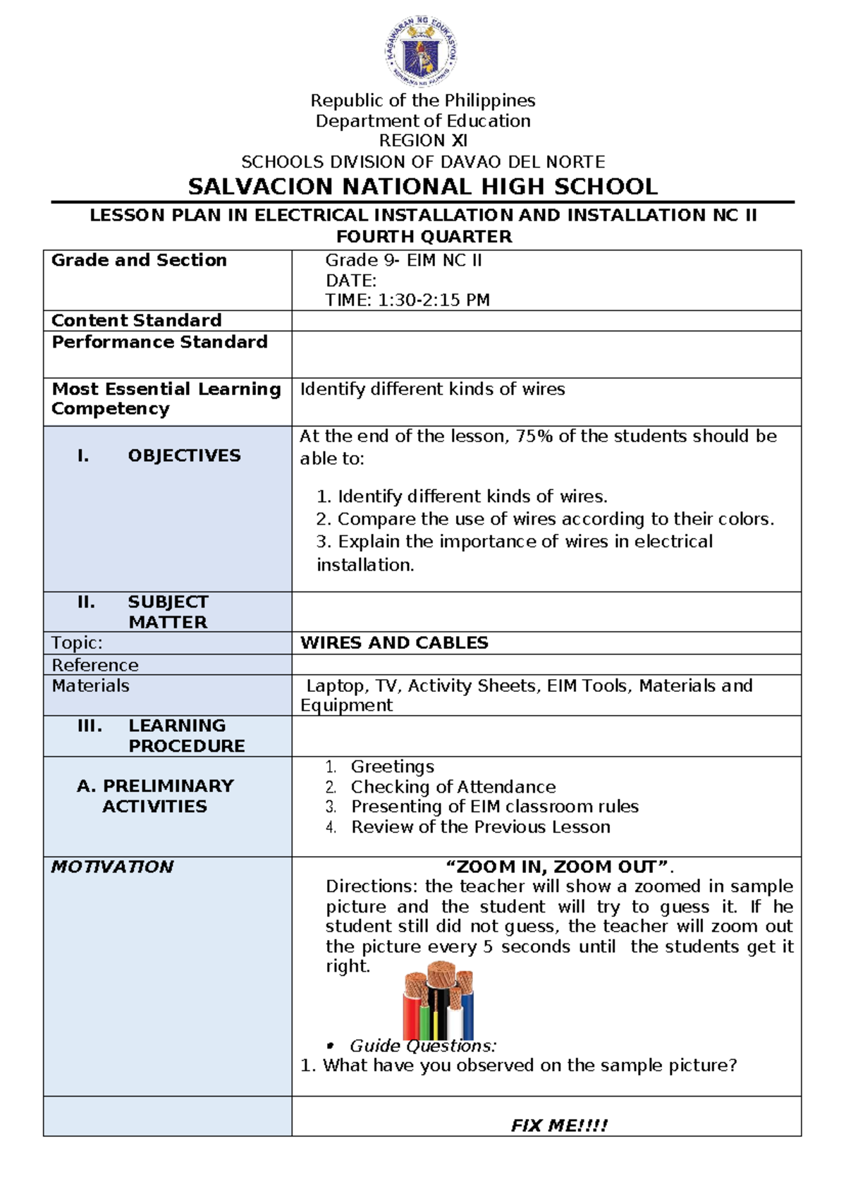 EIM NC II Lesson Plan: Understanding Wires and Their Functions - Studocu