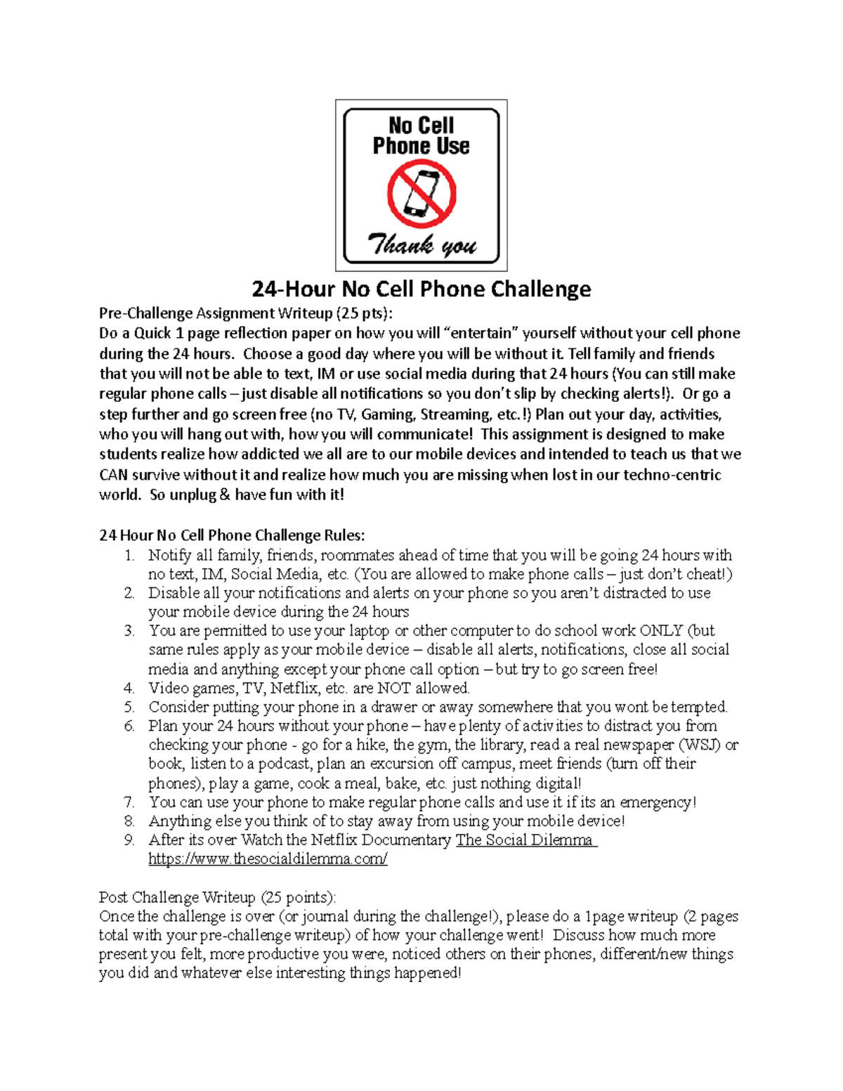 24 Hour Cell No Phone Challenge - 24-Hour No Cell Phone Challenge Pre ...