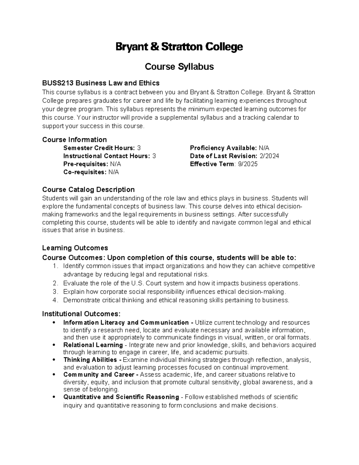 BUSS213 Business Law & Ethics Course Syllabus 2025 - Studocu