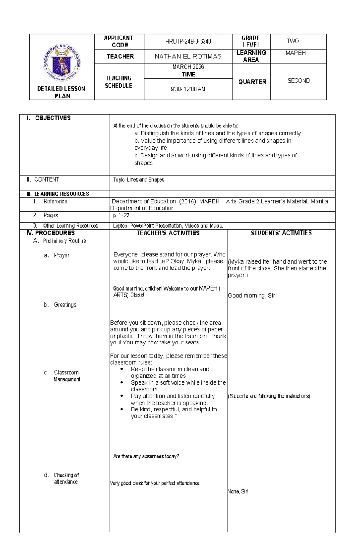 MAPEH 2: Detailed Lesson Plan on Lines and Shapes - Studocu