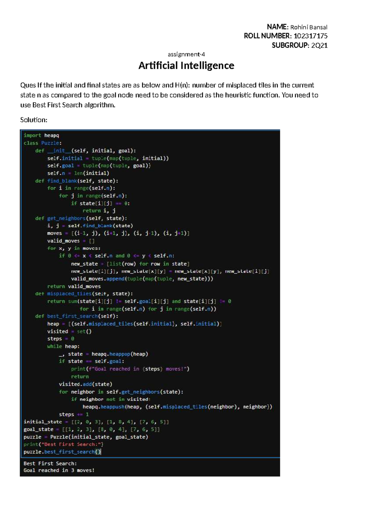 Assignment 4 AI: Heuristic search algorithms and solutions - Studocu