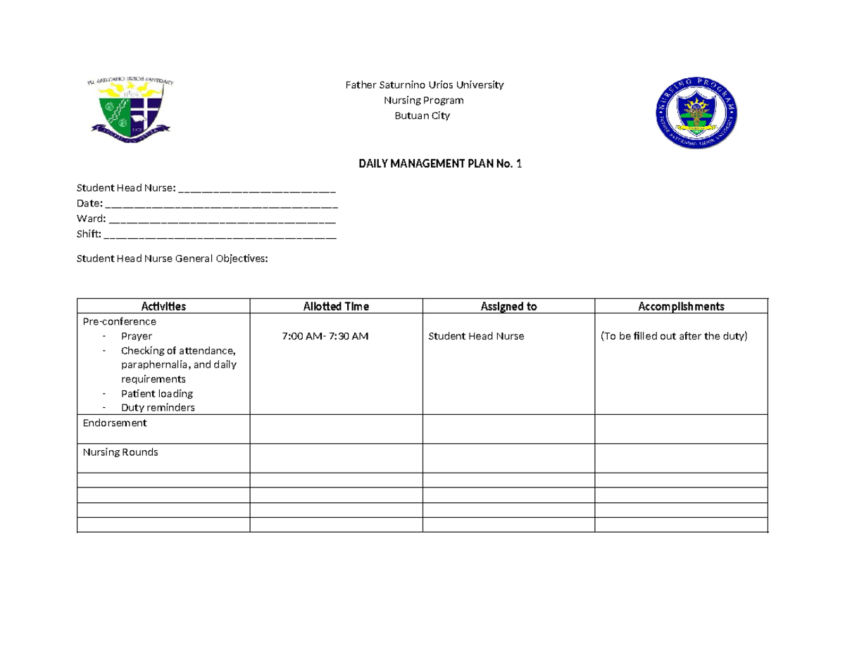 Father Saturnino Urios University Nursing Program SHN Daily Management ...