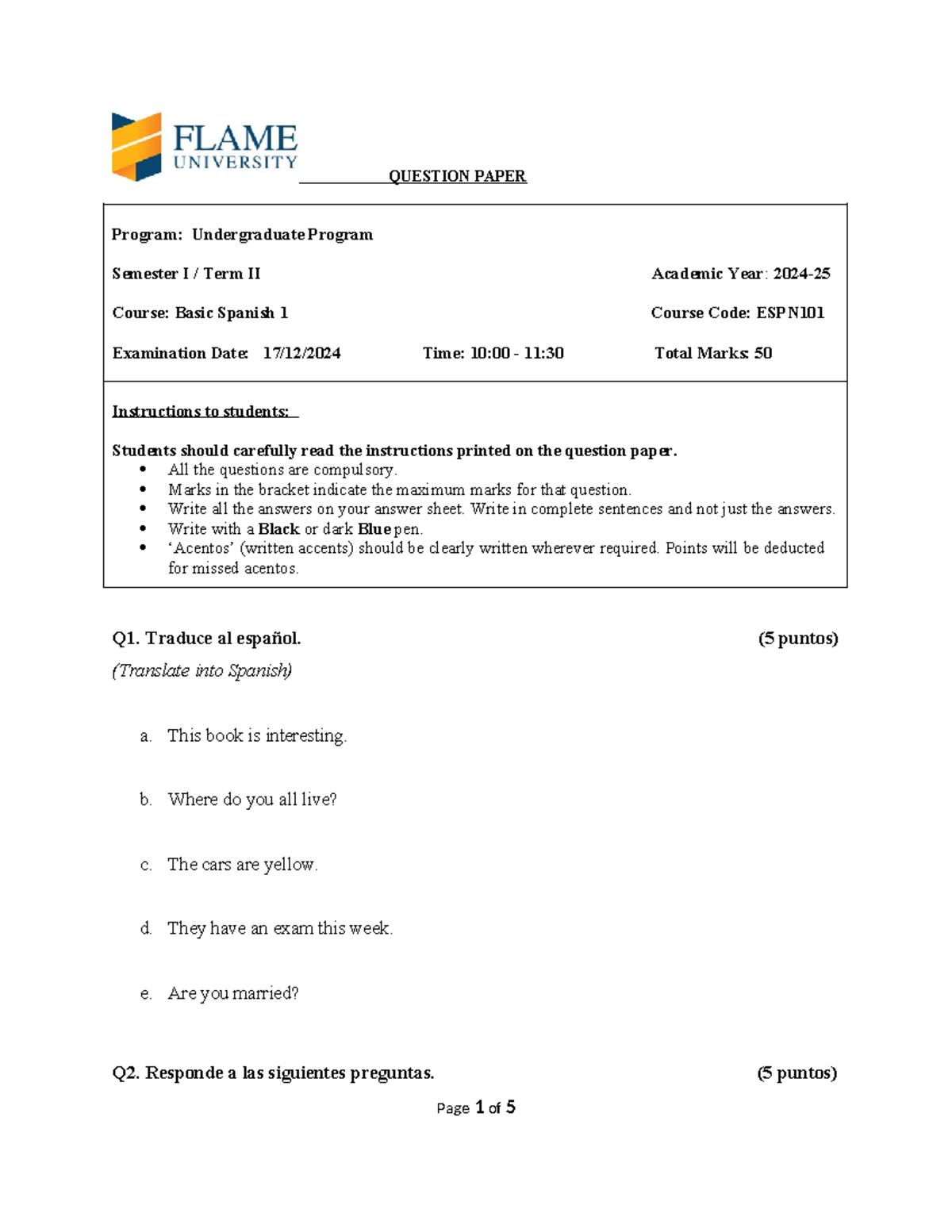 ESPN101 - Final Exam Question Paper for Basic Spanish I - Studocu