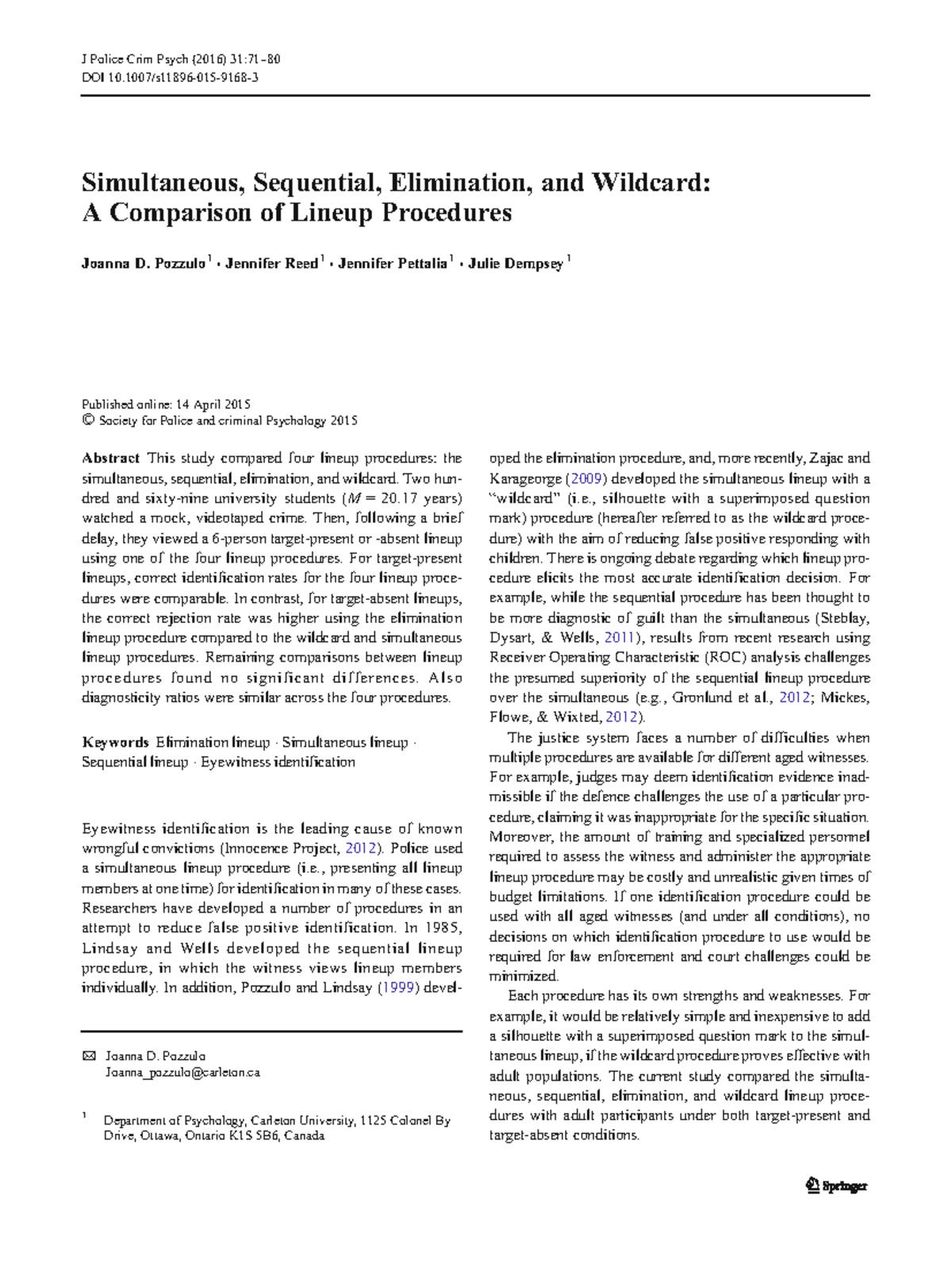 Pozzulo, Reed, Pettalia, & Dempsey, 2016 - Simultaneous, Sequential ...