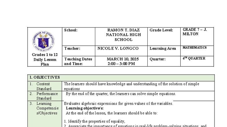DLP: Grade 7 Mathematics Lesson Plan on Properties of Equality (114702 ...