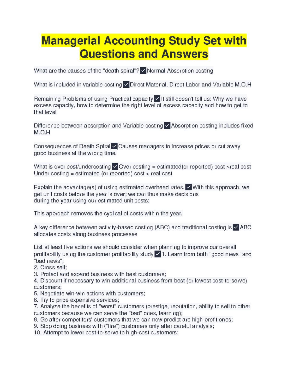 Managerial Accounting Study Set (Questions & Answers) - Studocu