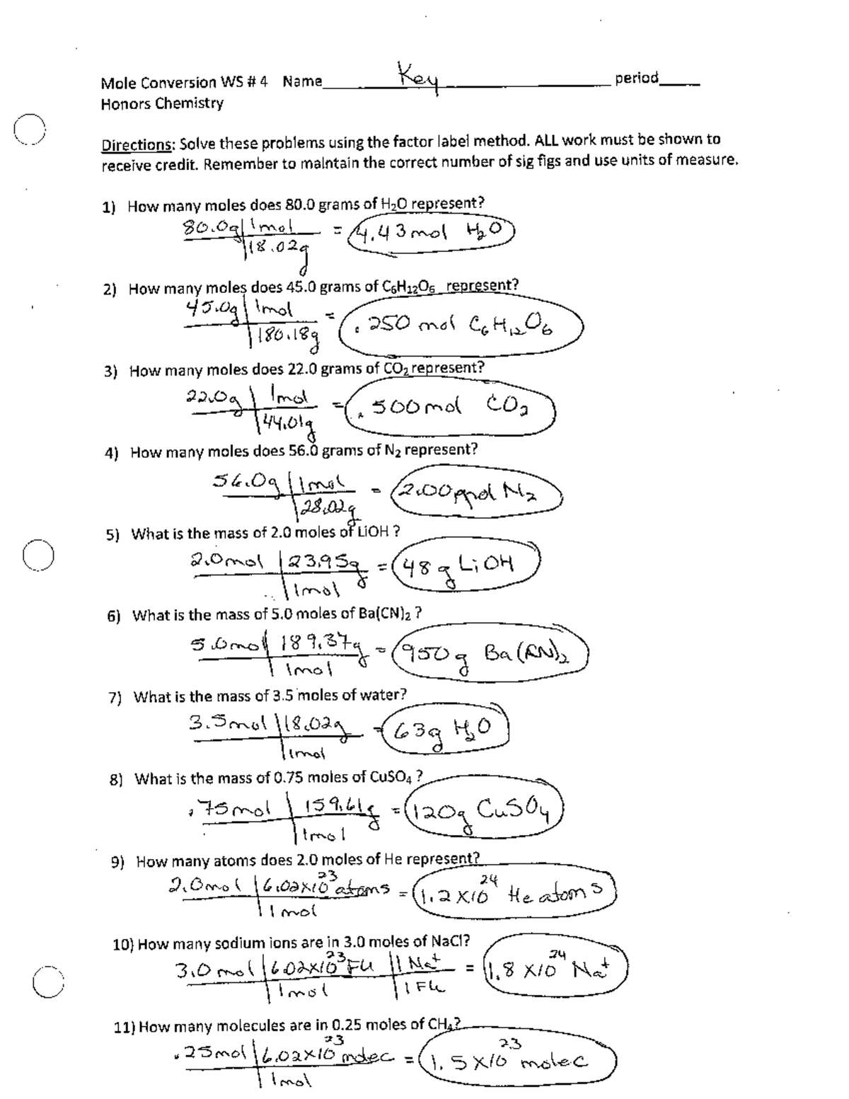 Mole ws 4 key - Answers - Studocu