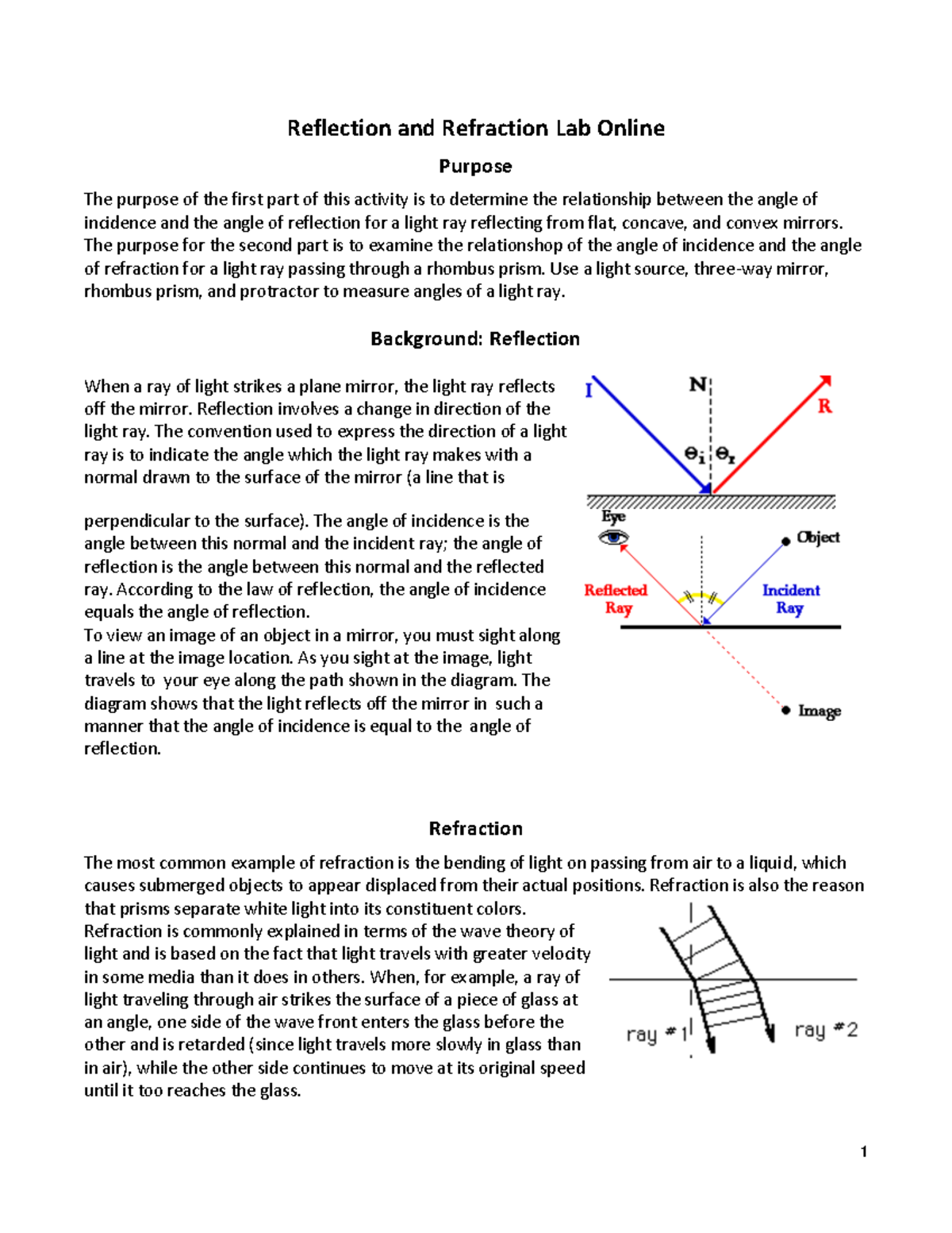 Fall22 Reflection and Refraction Lab Online Edited 8 - 1 Reflection and ...