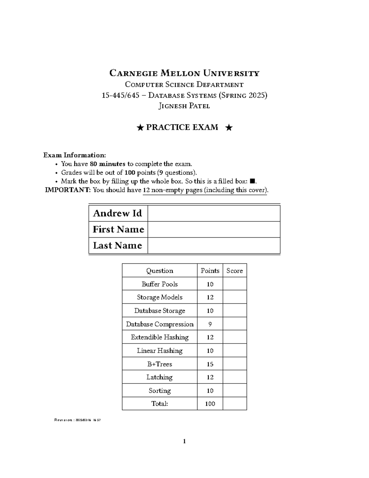 CMU CS Database Systems Practice Exam (Spring 2025) - Studocu