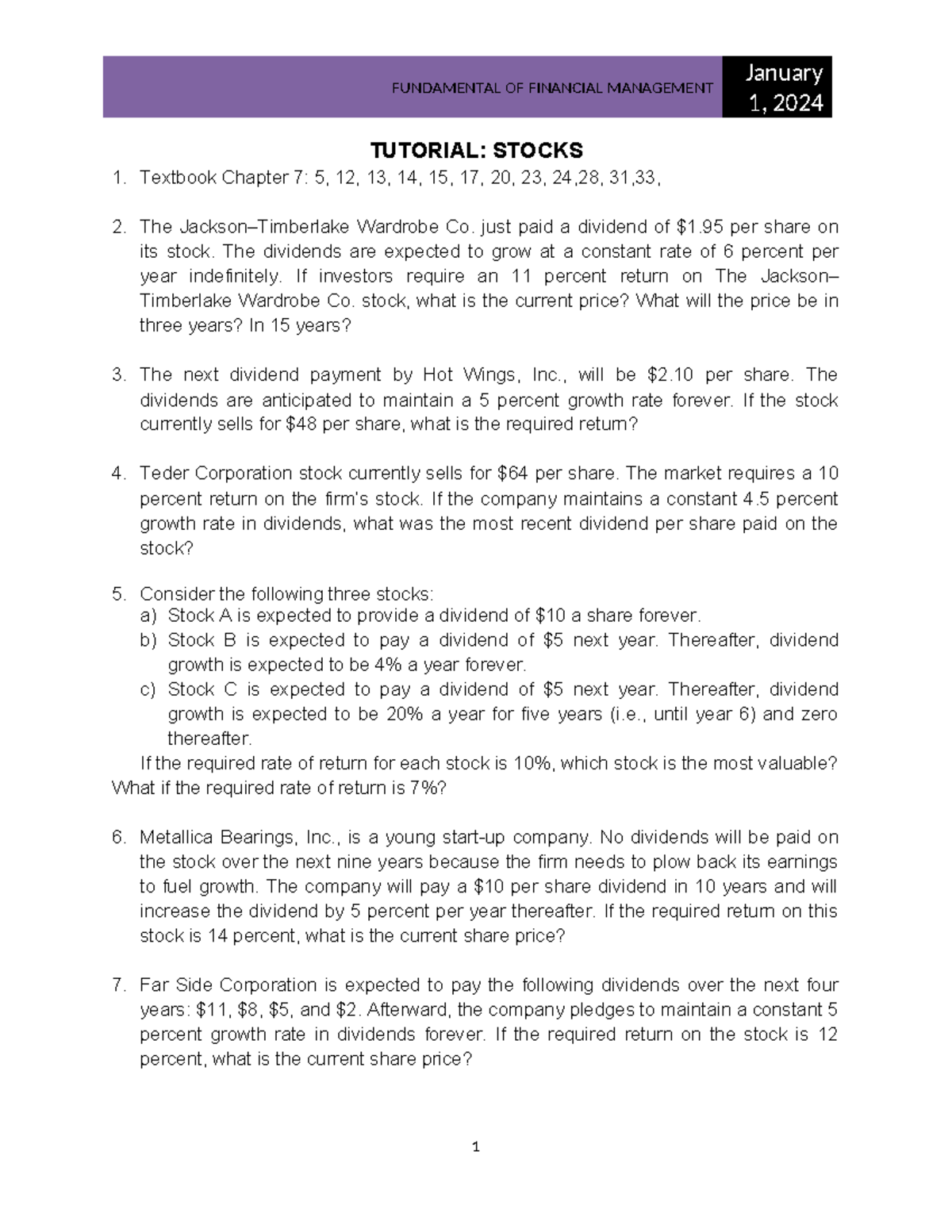 FM Tutorial Stocks Case Study Notes 2024 - Studocu