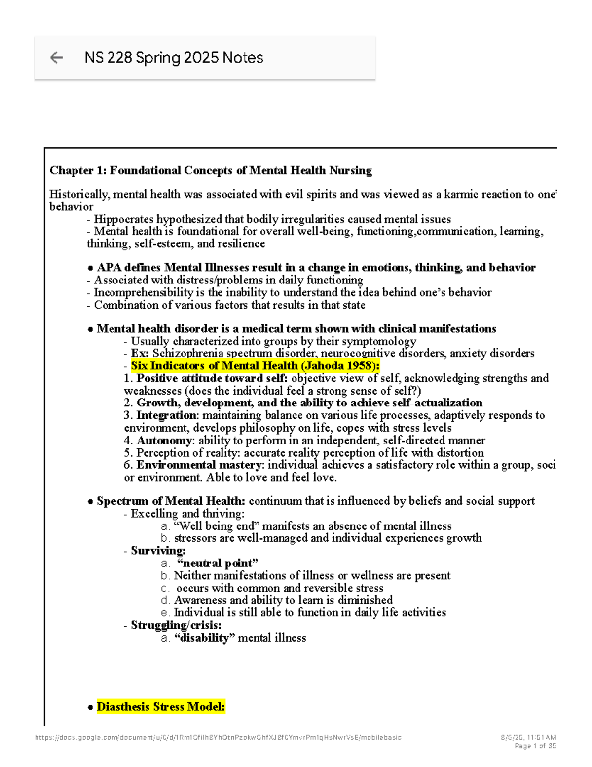 NS 228 Spring 2025 Notes: Chapter 1 - Foundations of Mental Health ...