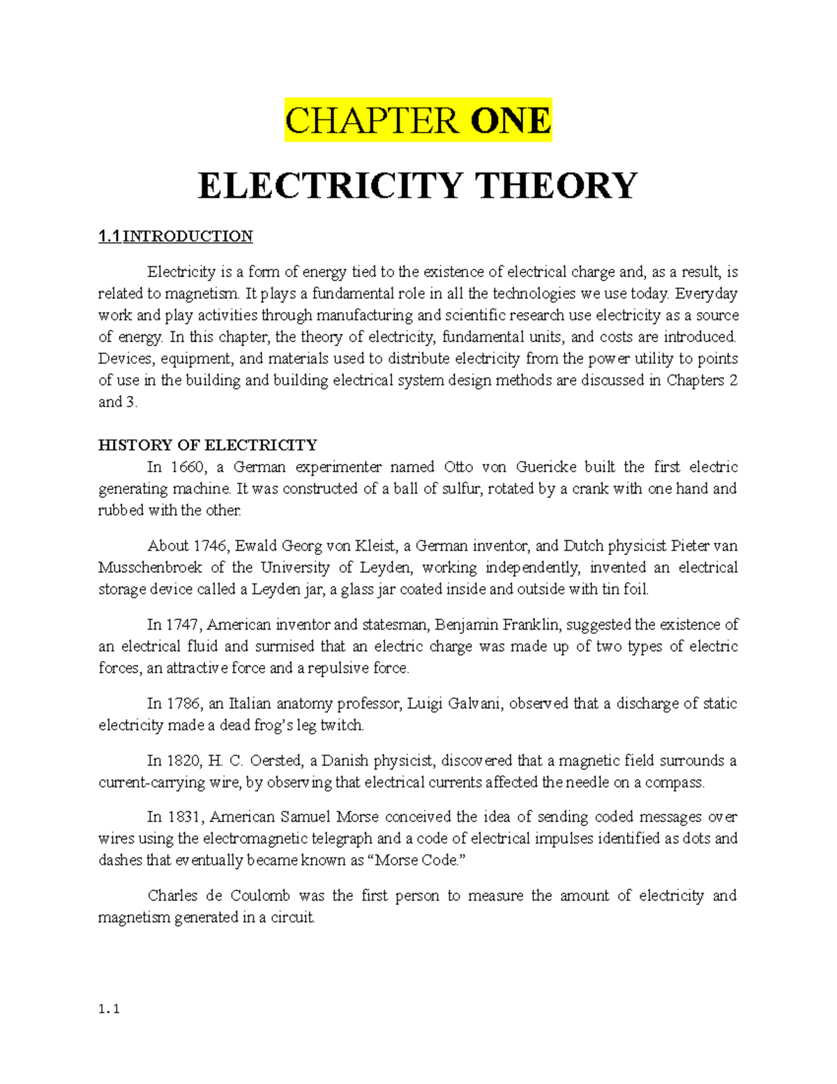 Chapter 1: Introduction to Electricity Theory and Principles - Studocu