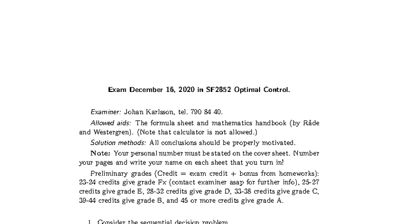 Optimal Control Exam Solutions for SF2852 - December 16, 2020 - Studocu