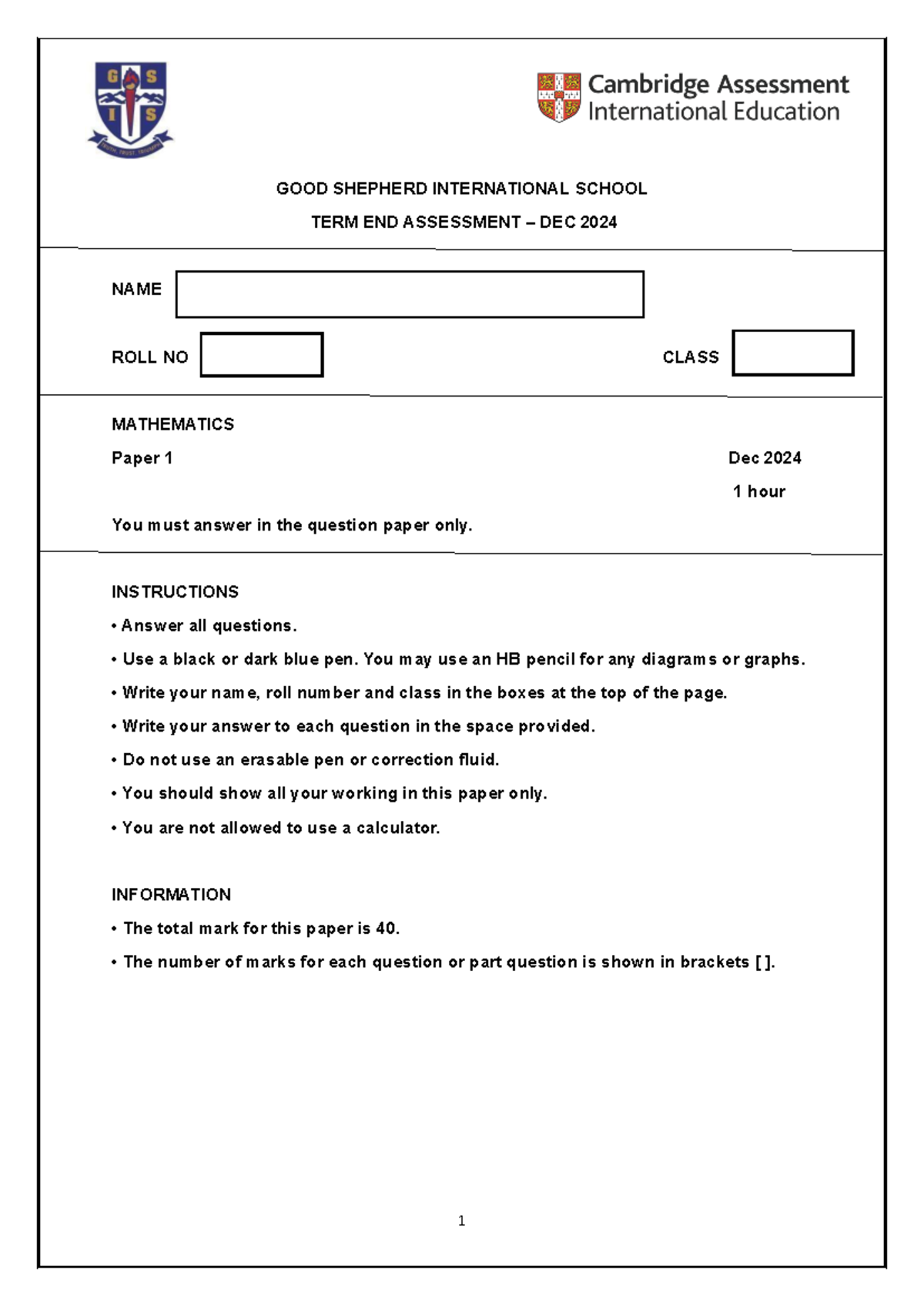 Mathematics Term End Assessment Paper 1 - Dec 2024 - Studocu