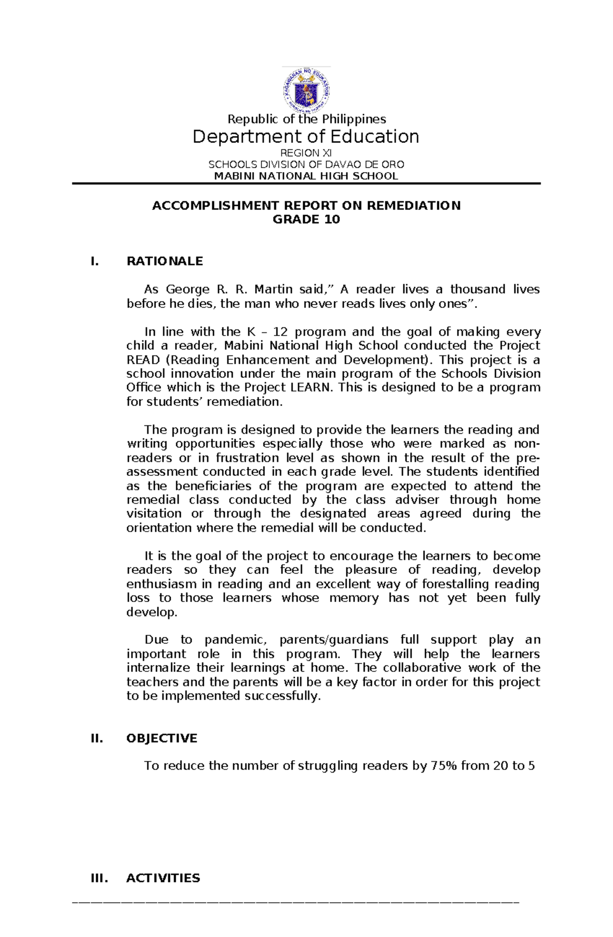 Accomplishment Report on Remediation for Grade 10 Students - Studocu