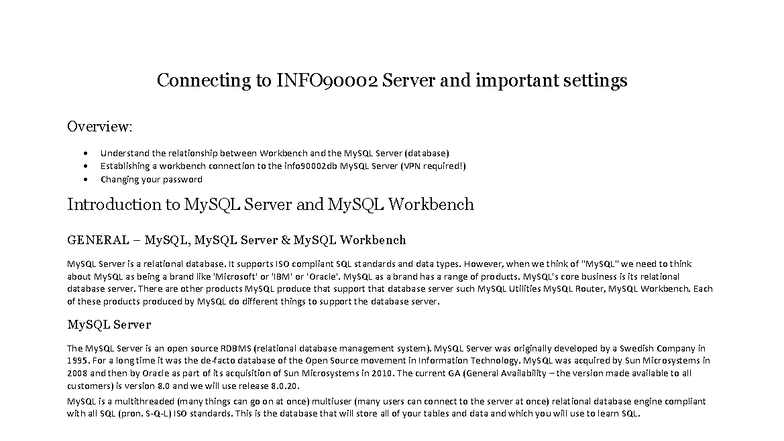 MySQL INFO90002: Connecting to Server & Workbench Overview - Studocu