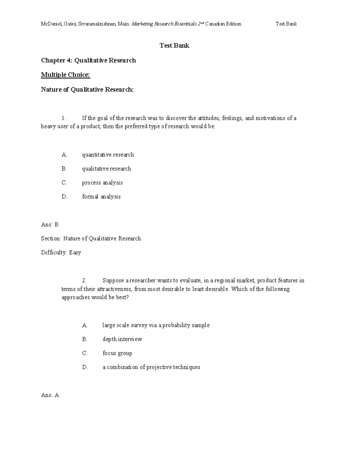 Chapter 4 - quiz - Test Bank Chapter 4: Qualitative Research Multiple ...
