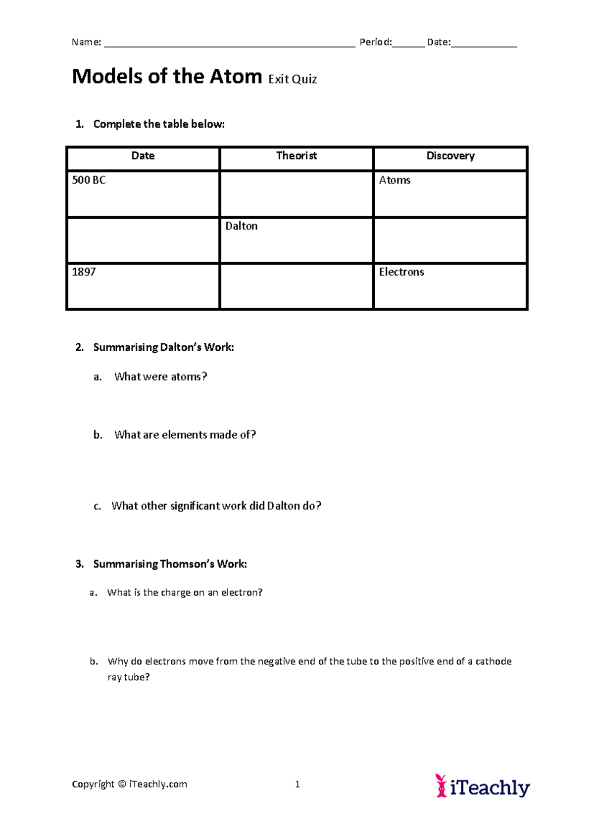 1 3a Exit Quiz SE Models of the Atom - Name
