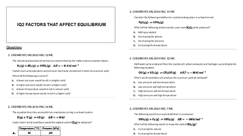CHEMISTRY M5 2023 HSC Equilibrium and Acid Reactions Overview - Studocu