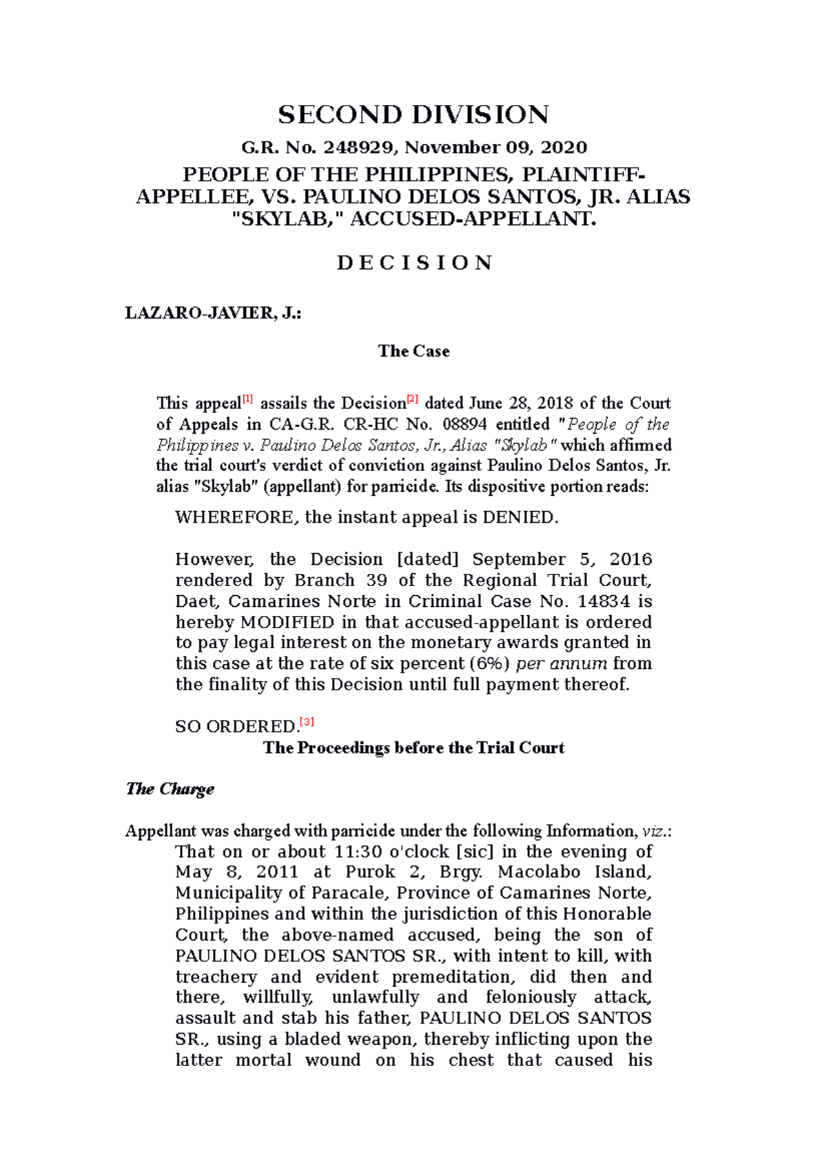 Court Decision on G.R. No. 248929: Parricide Case Summary (2020) - Studocu