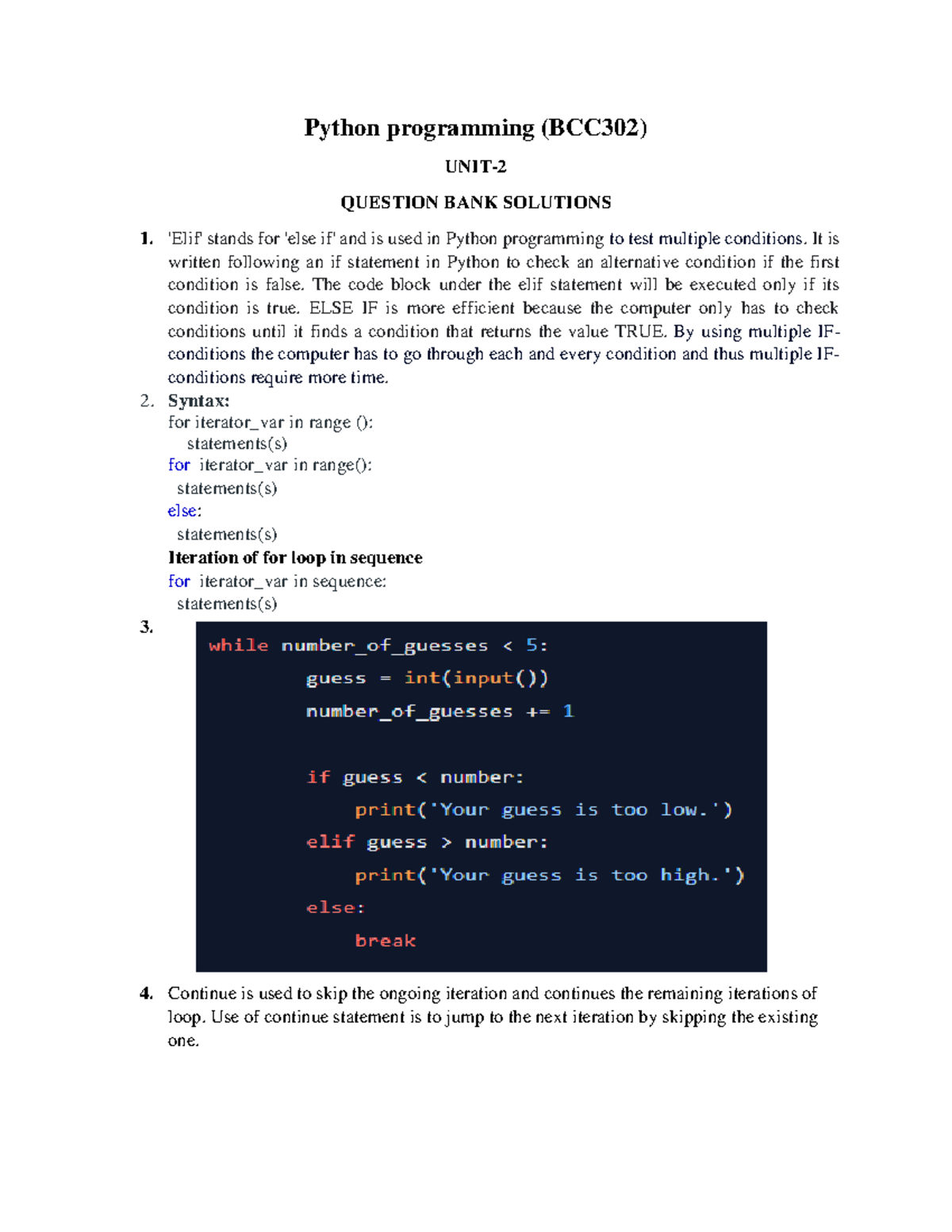 UNIT 2 Python programming Question BANK 2023-24 - Python programming (BCC302) UNIT- 2 QUESTION ...