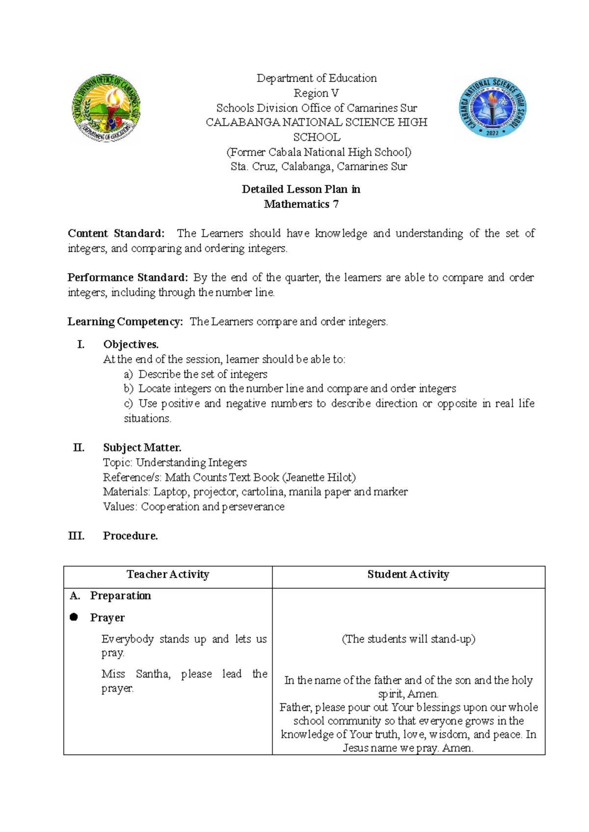Detailed Lesson Plan: Understanding Integers in Math 7 (MATH 7) - Studocu