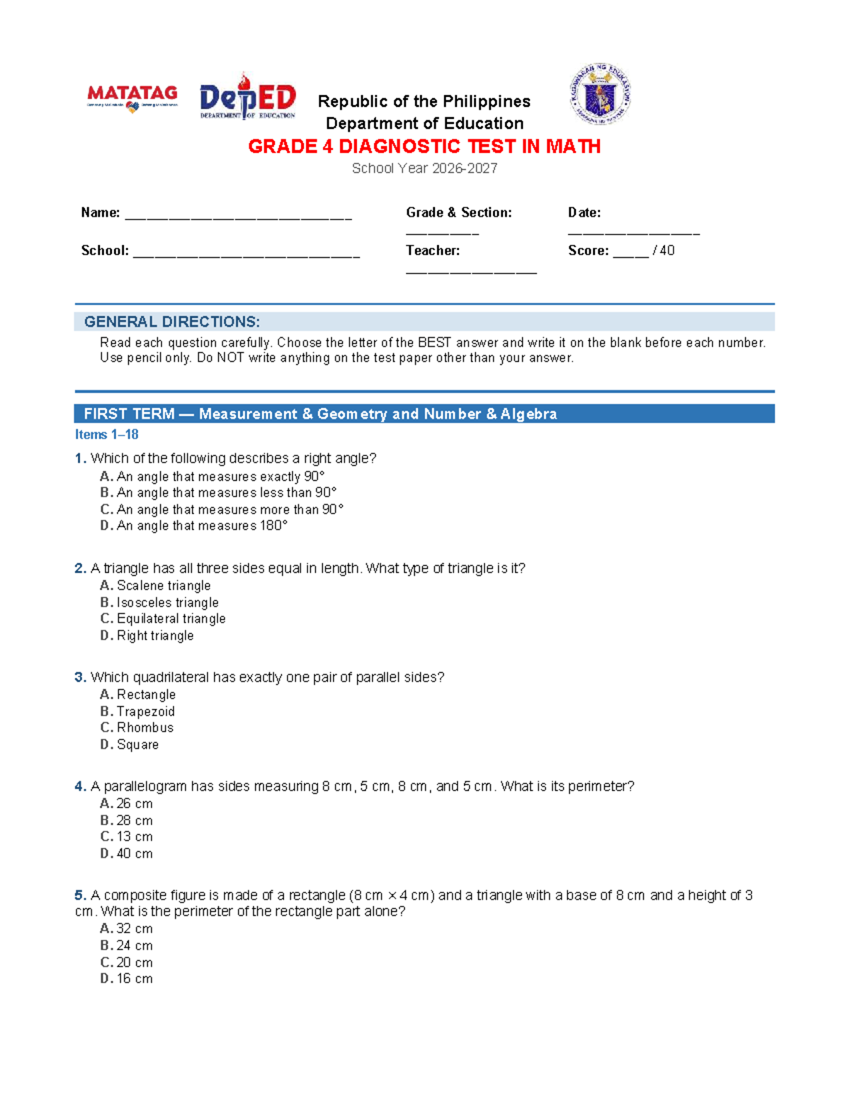 Grade 4 Math Diagnostic Test (SY 2023-2024) - Studocu