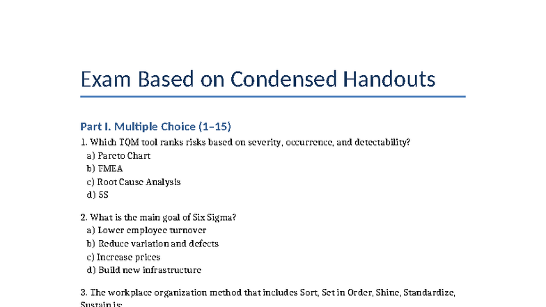 Exam TQM Concepts & Tools: Answer Key for Part I - Studocu