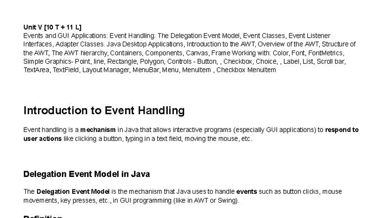 Unit V - Java Programming: Events & GUI Applications Overview - Studocu