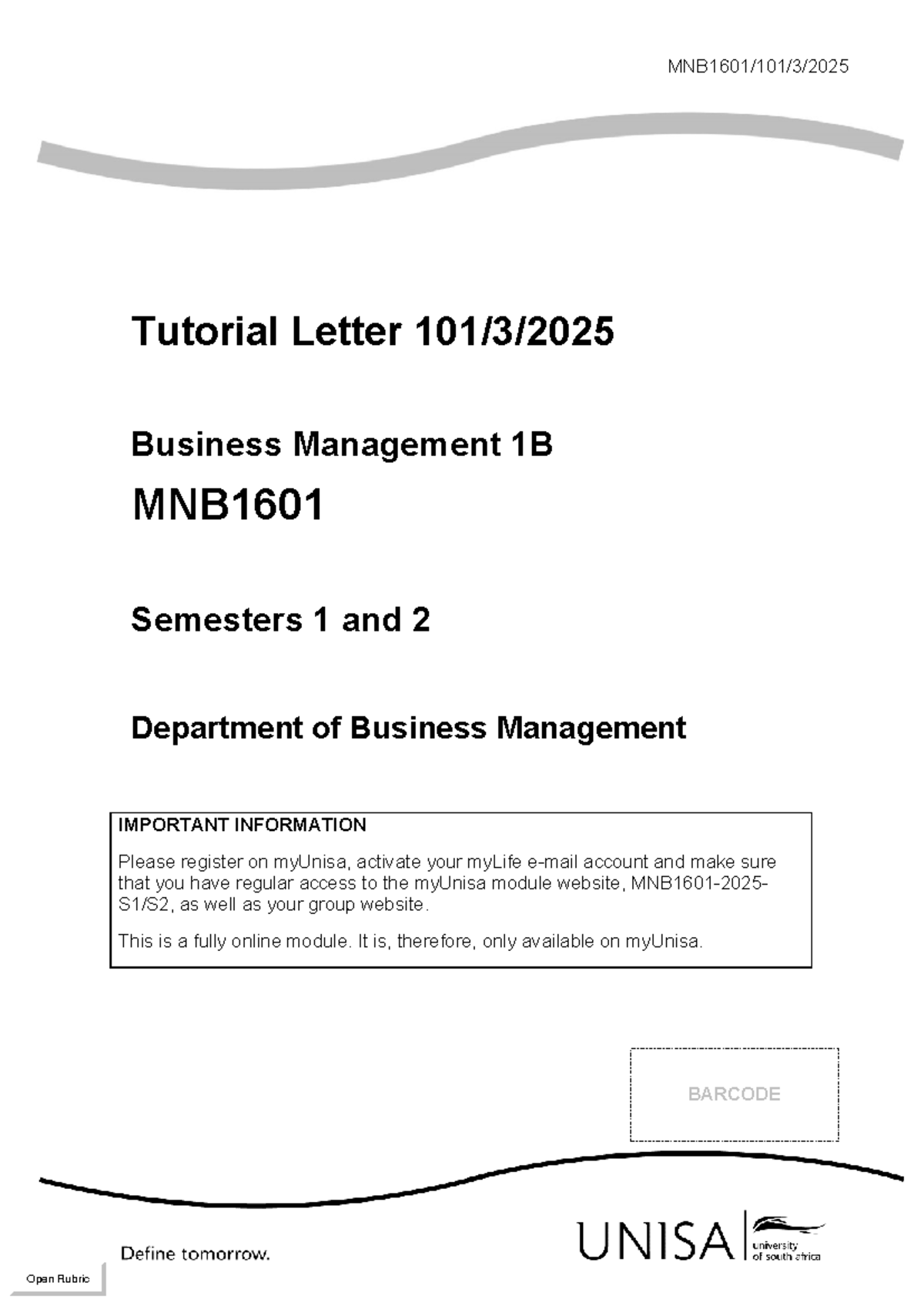 MNB1601 - Business Management 1B Tutorial Letter Overview - Studocu