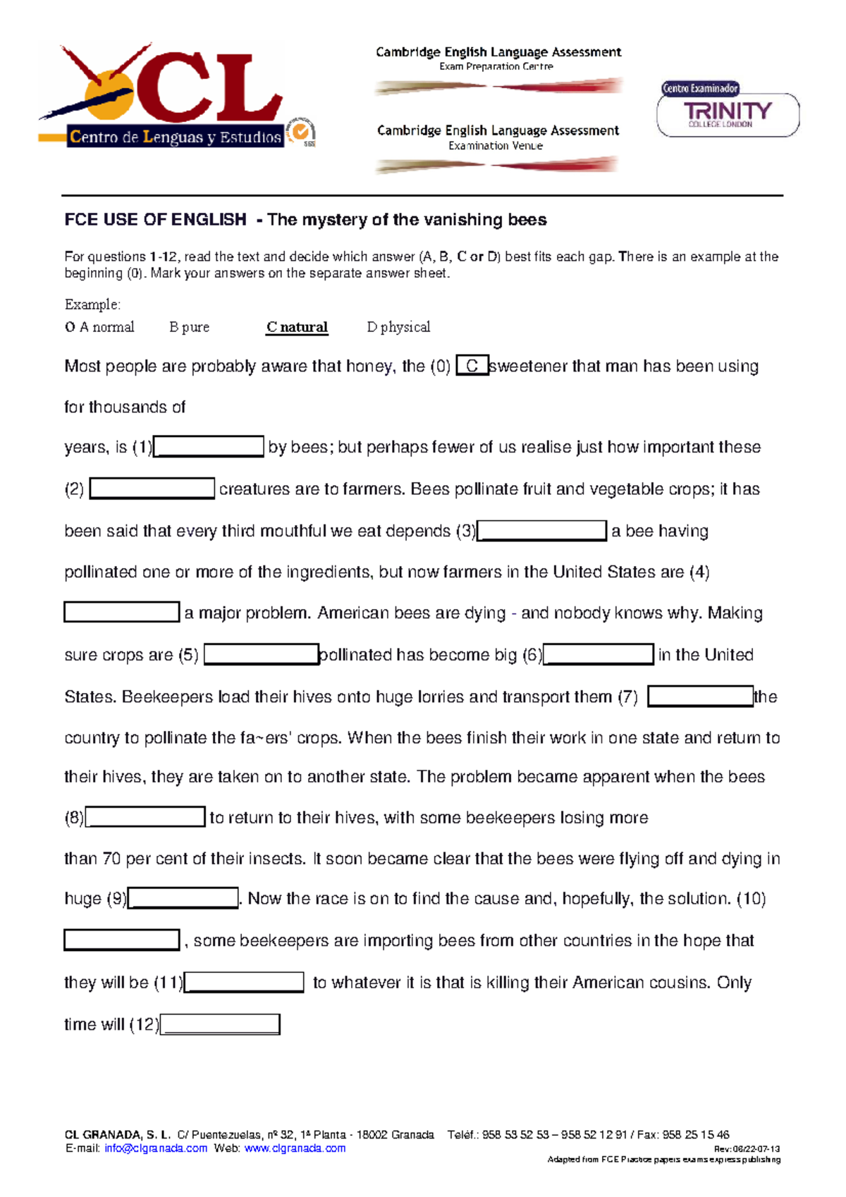 FCE Short Reading Comprehension Passages: Bees and Pollination Issues ...