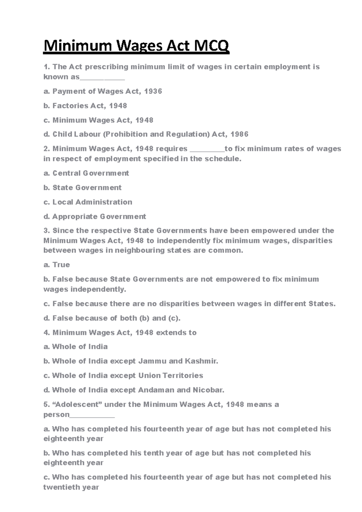Minimum Wages Act MCQ - good quality detailed notes - Minimum Wages Act ...