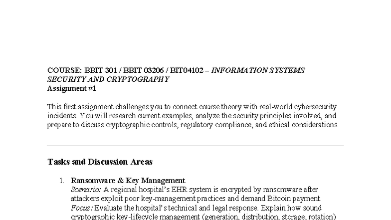 BBIT 301 Assignment: Analyzing Cybersecurity Incidents and Cryptography ...